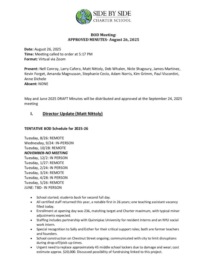 BOD Minutes- August 2025 – Side by Side Charter School
